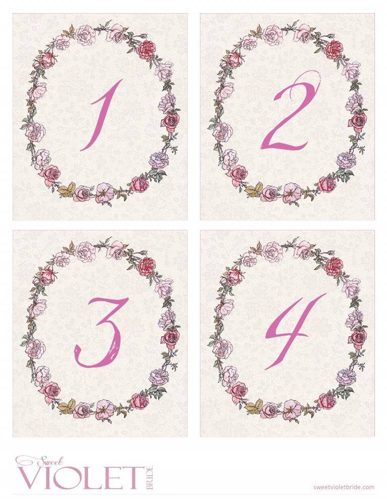 Pink Rose Wreath Table Numbers: Free Wedding Printable - Sweet Violet Bride
